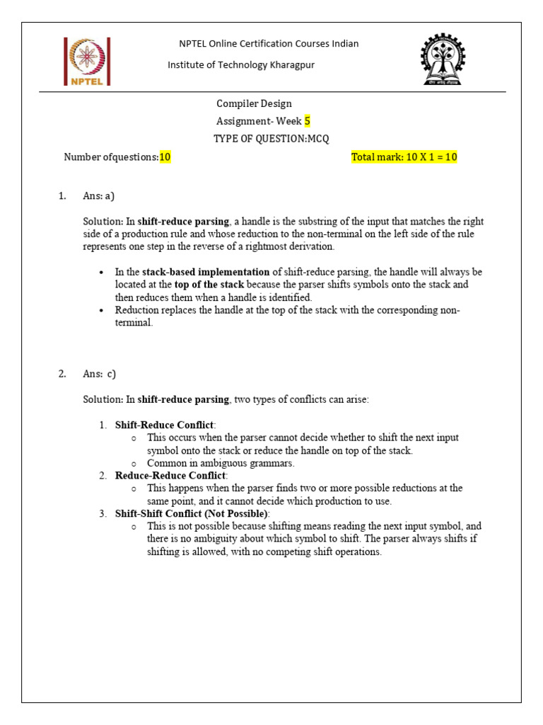 Shift-Reduce Parsing MCQs Assignment | PDF | Parsing | Formalism (Deductive)