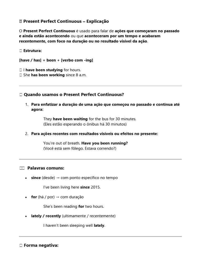 Uso do Present Perfect Continuous | PDF