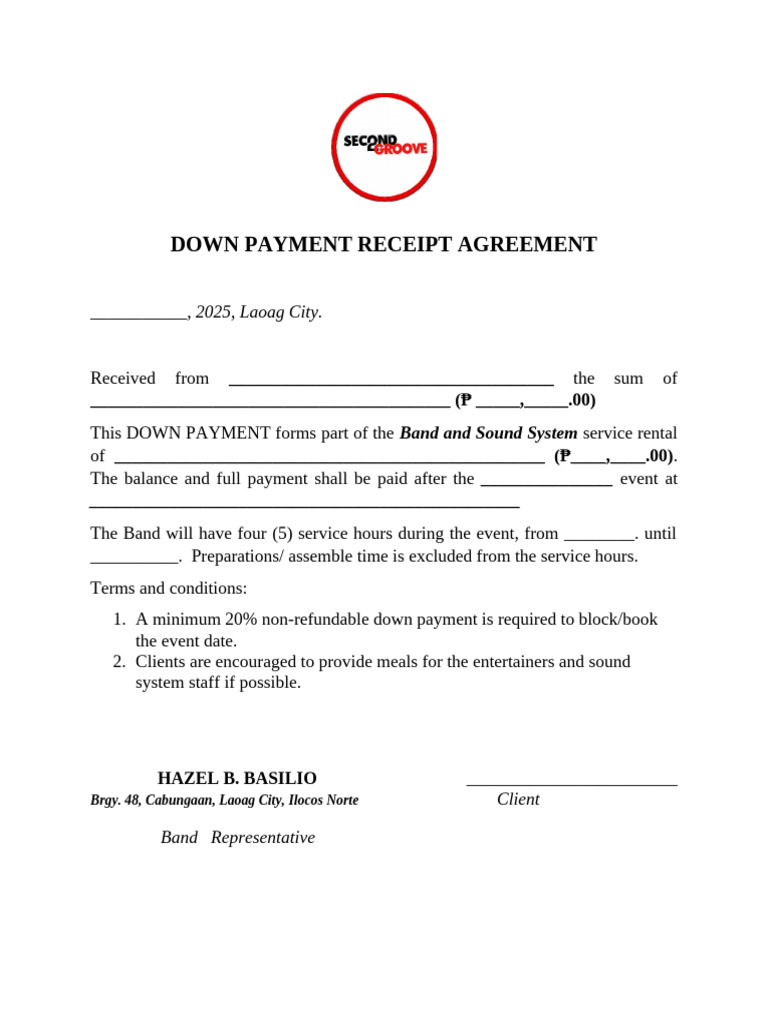 Down Payment Receipt Agreement Template | PDF