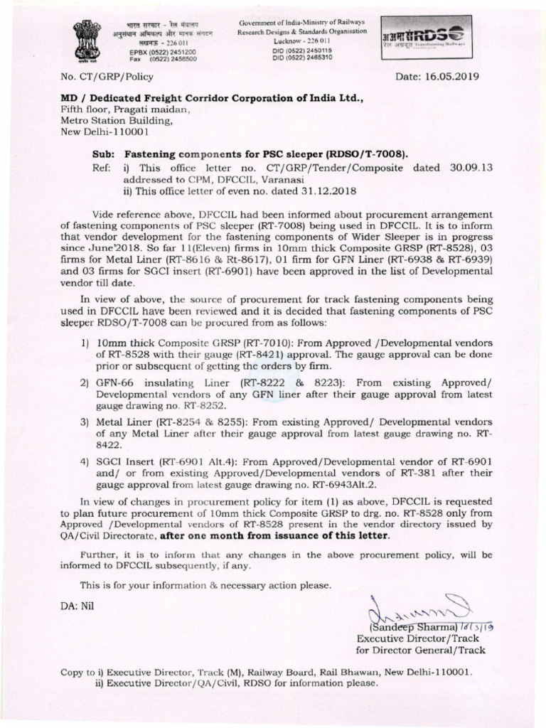 Letter No. CT - GRP - Policy Dated 16.05.2019 For DFCCIL | PDF