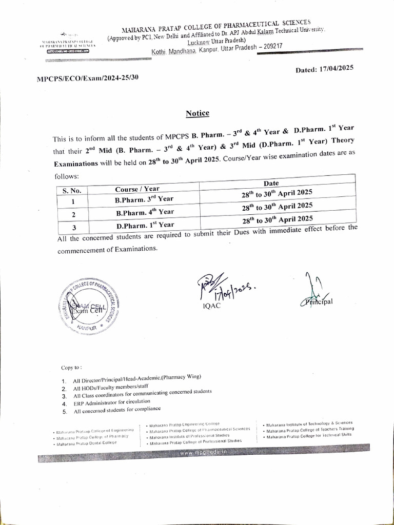 Mpcps B-PHARM 1st, 3rd, 4th Yr & D.pharm 1st Yr | PDF | Health Sciences | Pharmaceutical Sciences