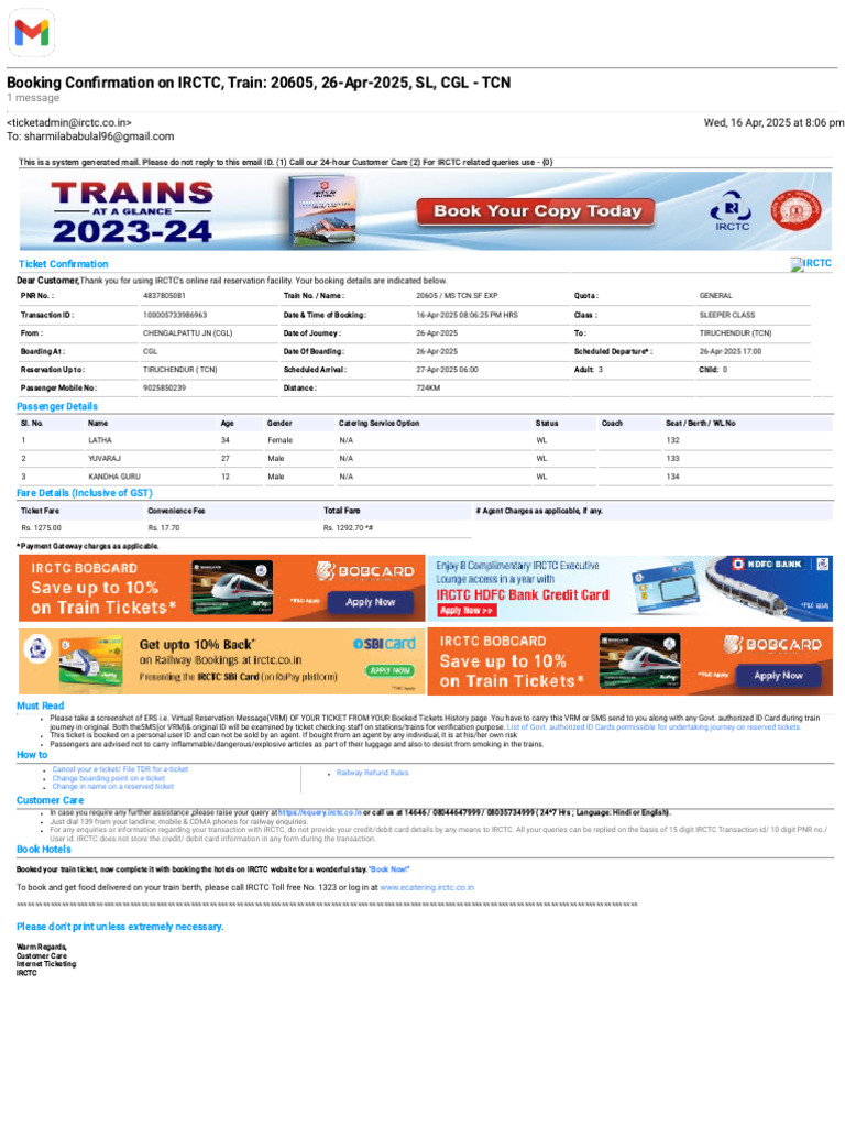 Irctc, Train_ 20605,26-Apr-2025, Sl, Cgl - Tcn | PDF | Service Industries