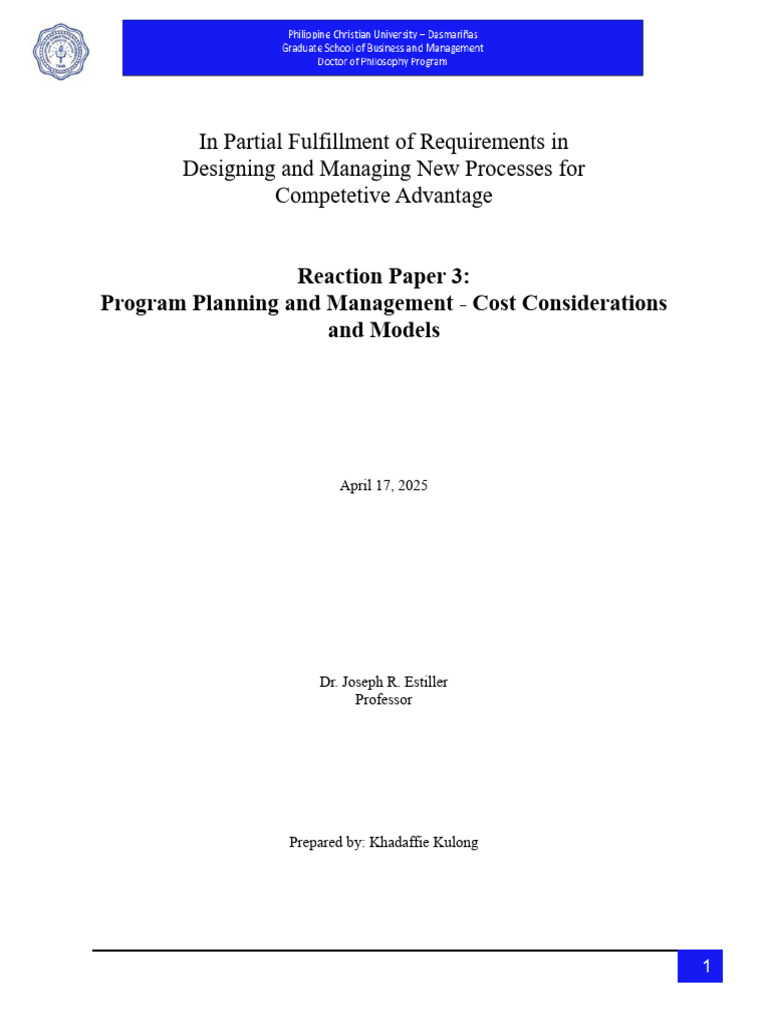 Reaction Paper 3 - Program Planning and Management - Cost ...