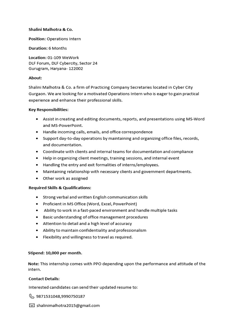 JD For Operations Intern | PDF