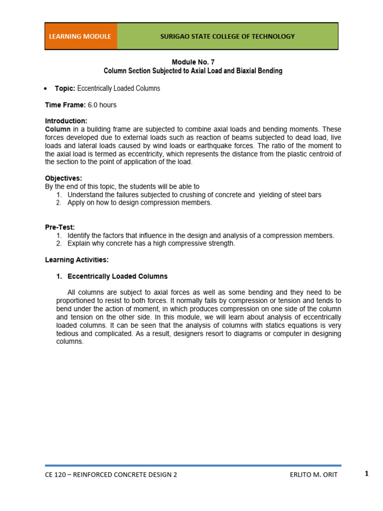 Eccentrically Loaded Column Design Guide | PDF | Bending | Column