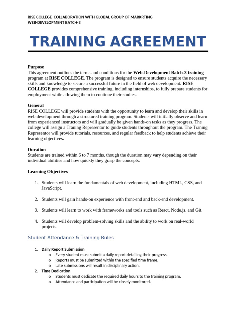 Batch - 3 Traning Agreement | PDF | Web Development