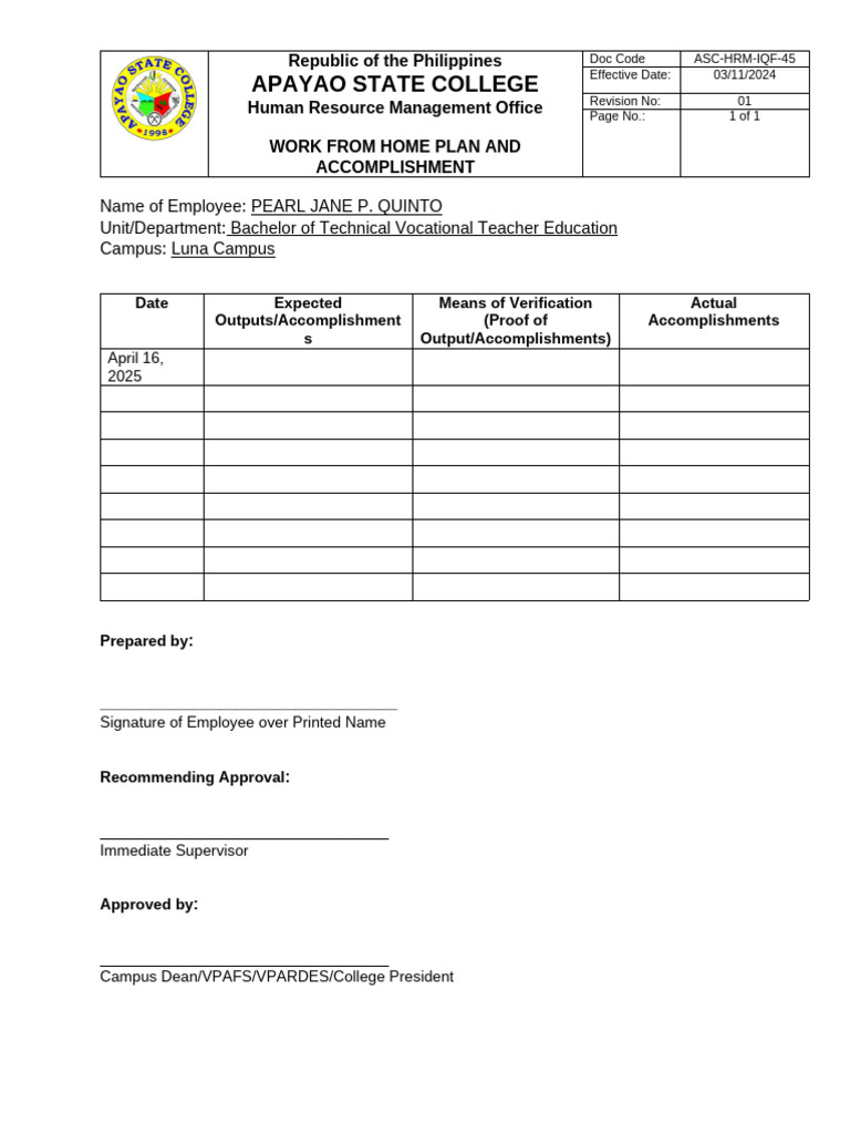 Work From Home Plan and Accomplishment | PDF