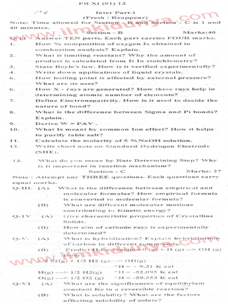 Past Papers 2013 Swat Board Inter Part 1 Chemistry Section B | PDF