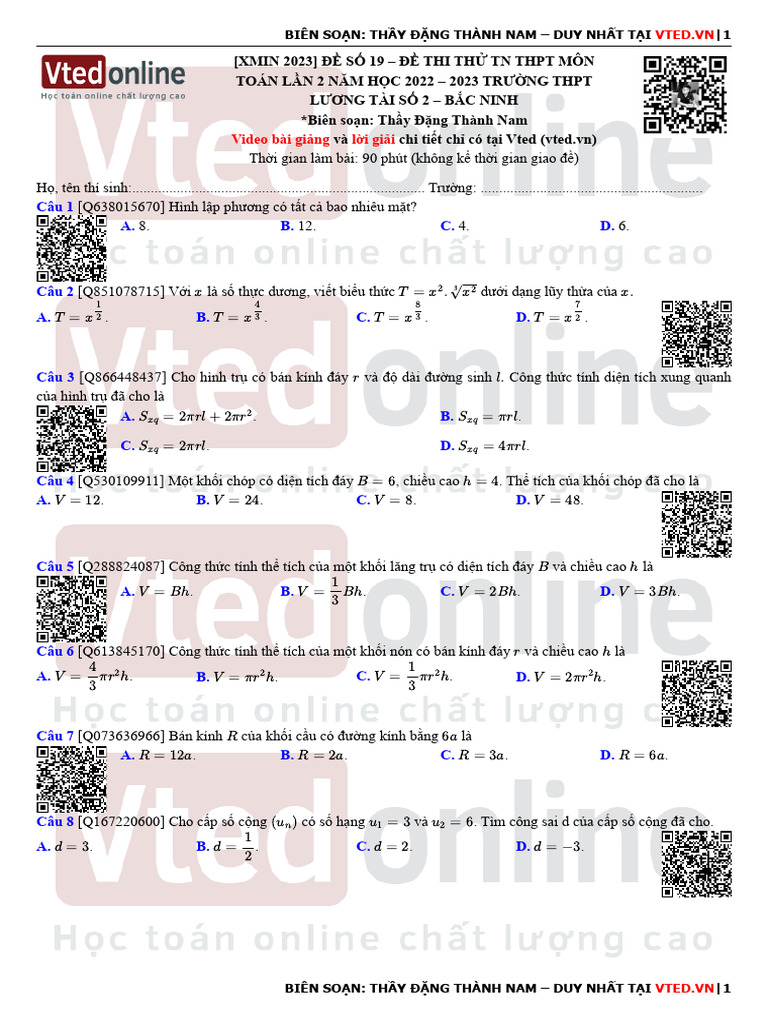 [XMIN 2023] Đề số 19 – Đề thi thử TN THPT Môn Toán lần 2 năm học 2022 – 2023 trường THPT Lương ...