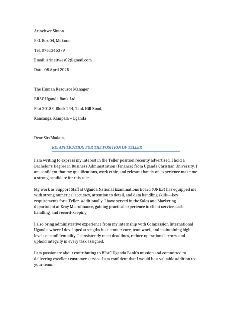 Teller Job Application Letter | PDF