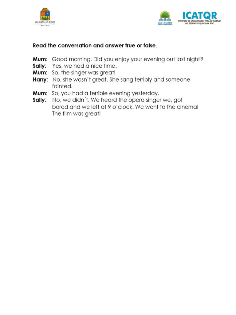 True or False: Evening Out Conversation | PDF