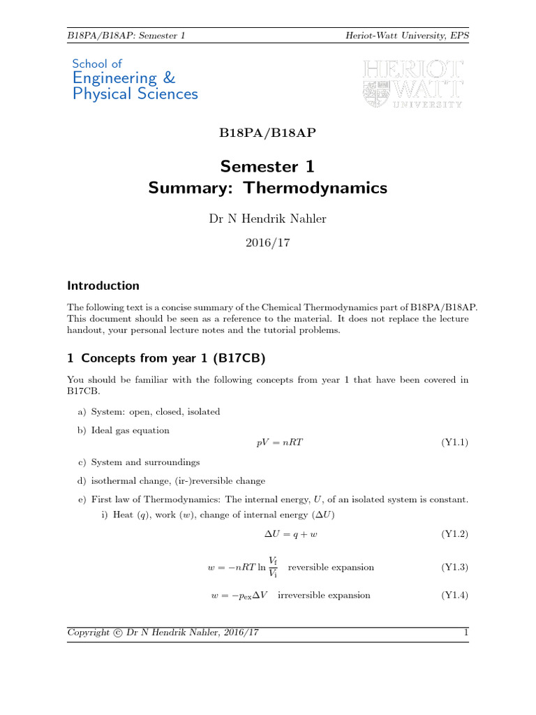 Thermodynamics Summary PDF | PDF | Chemical Equilibrium | Scientific Phenomena