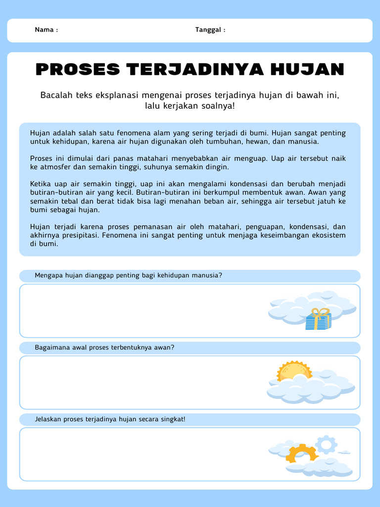 Lembar Kerja Proses Terjadinya Hujan Biru Ilustrasi Sederhana | PDF
