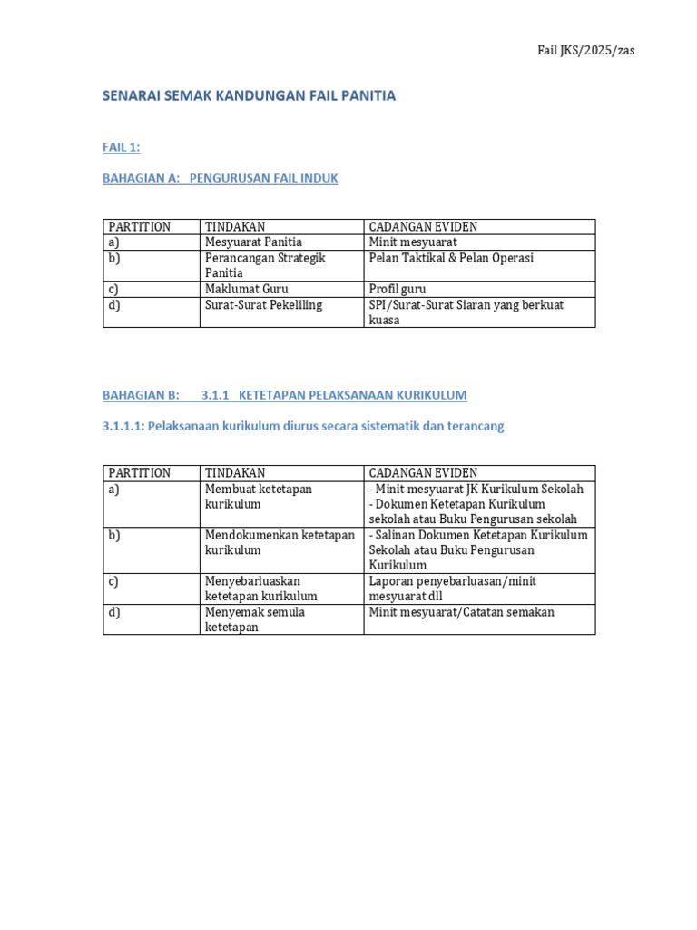 Senarai Semak Fail Panitia OLEH JKS 2025 | PDF