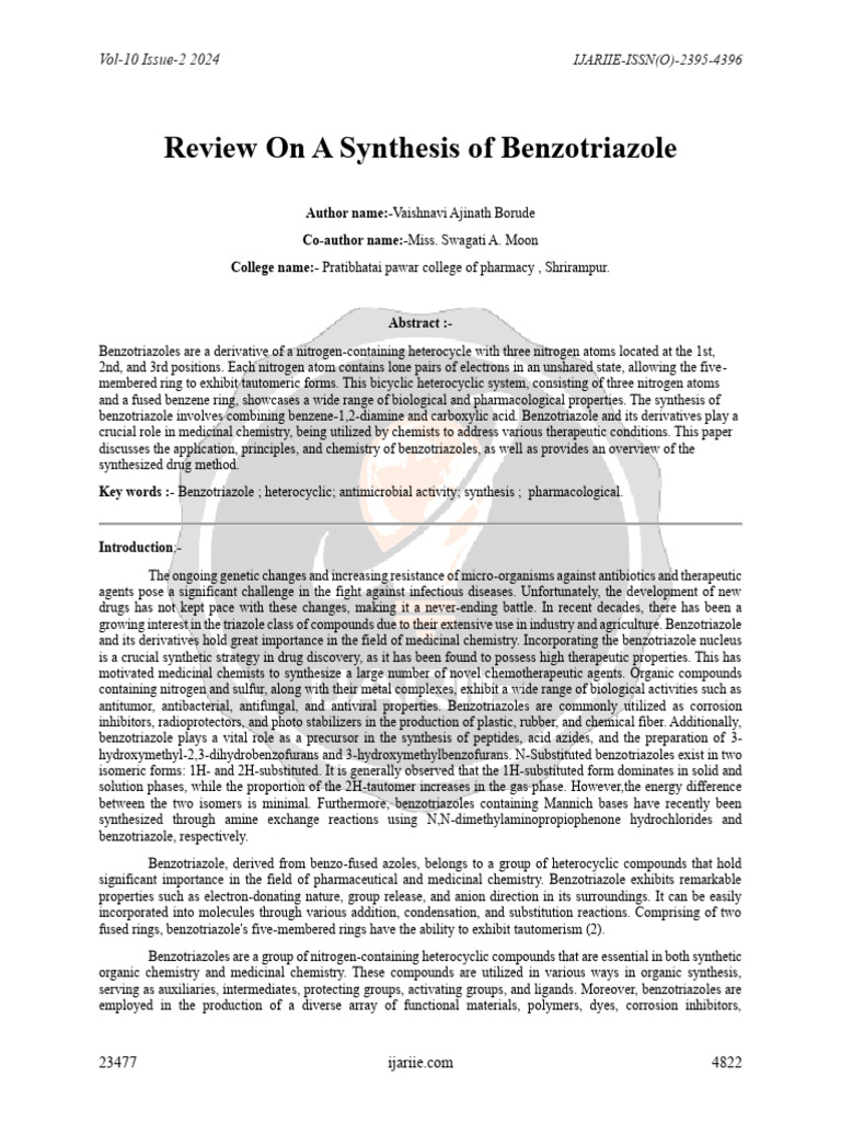 Review_On_A_Synthesis_of_Benzotriazole_ijariie23477 | PDF | Medicinal ...
