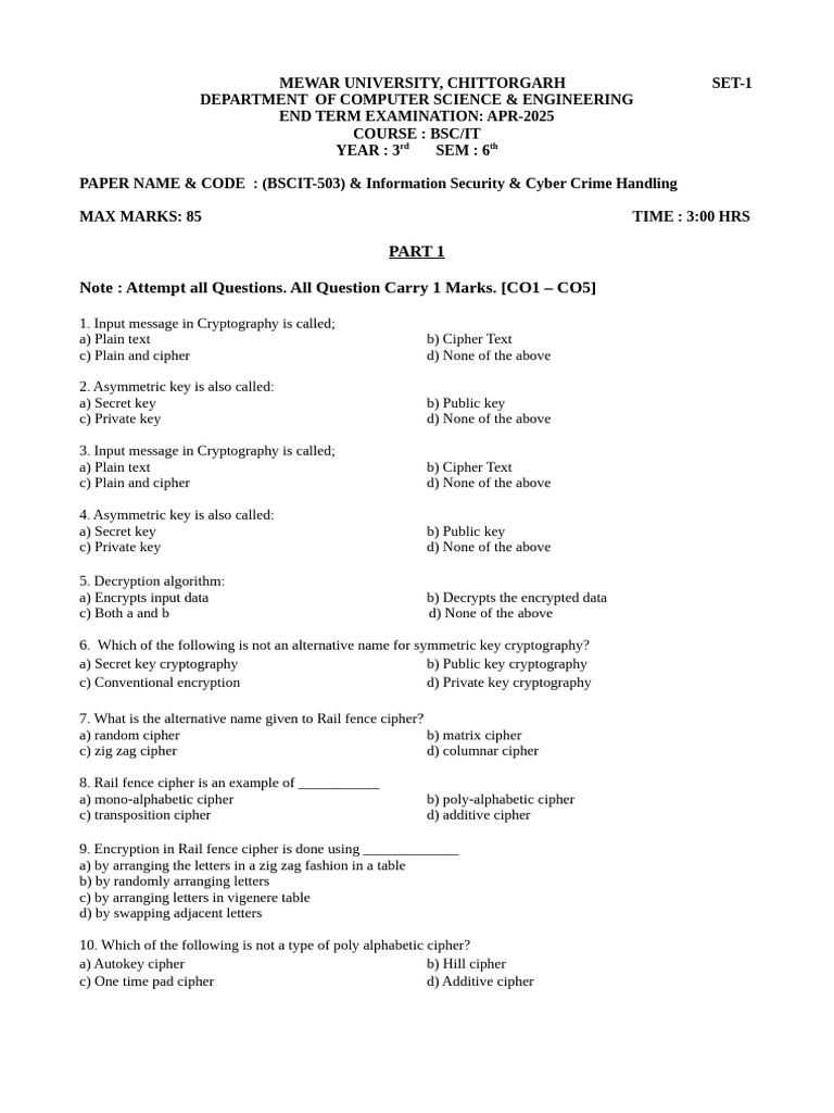BSC IT 6th Sem Cyber Crime Handling Paper | PDF | Cipher | Virtual ...