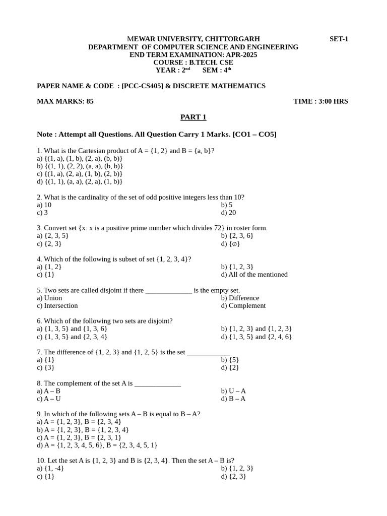 BTech 4th Sem Paper Discrete Maths | PDF | Mathematical Concepts ...