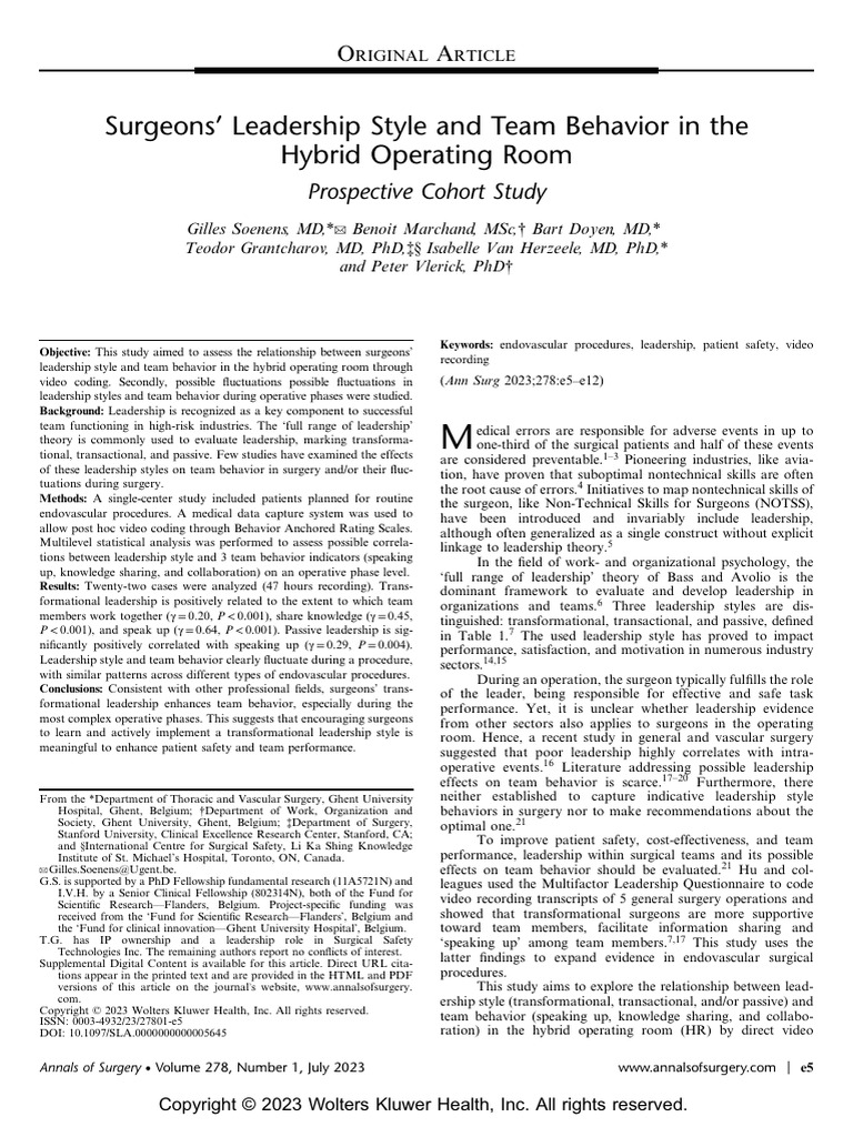 Surgeons' Leadership Style and Team Behavior in The Hybrid Operating ...