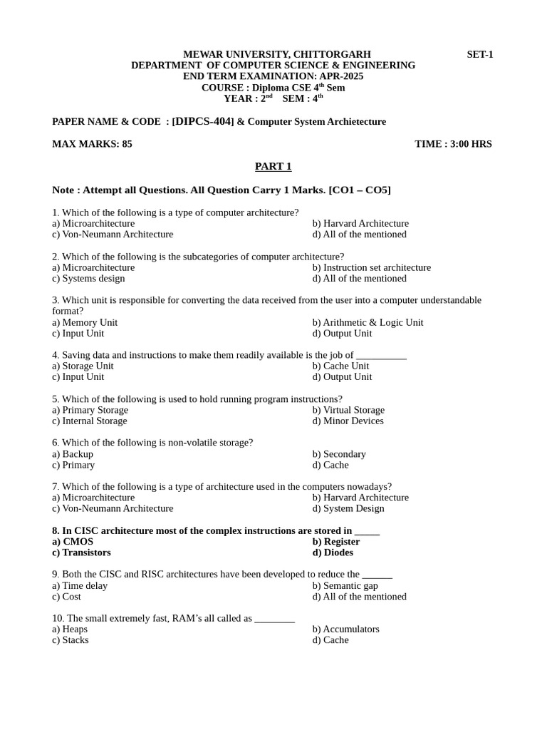 Diploma CSE 4th Sem Computer System Archietecture Paper | PDF | Computer Data Storage | Input/Output