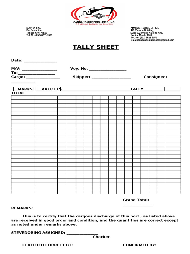 Cargo Tally Sheet Template | PDF