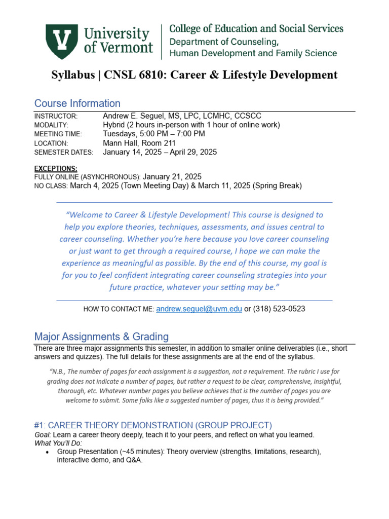 UVM Course Career & Lifestyle Development Syllabus | PDF | Theory ...