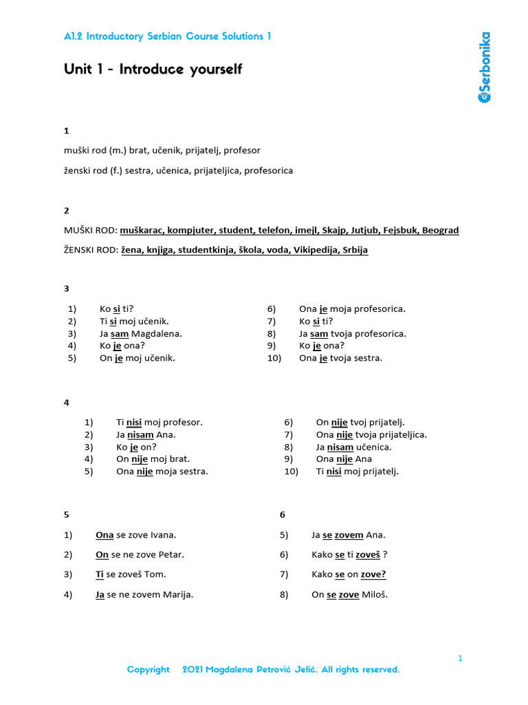 Serbonika - A1 Unit 02 Resenja | PDF