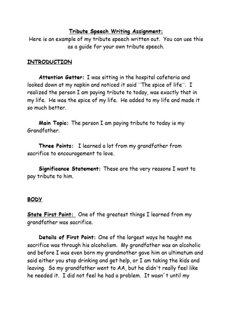 Teacher Example Tribute Speech Writing Assignment | PDF