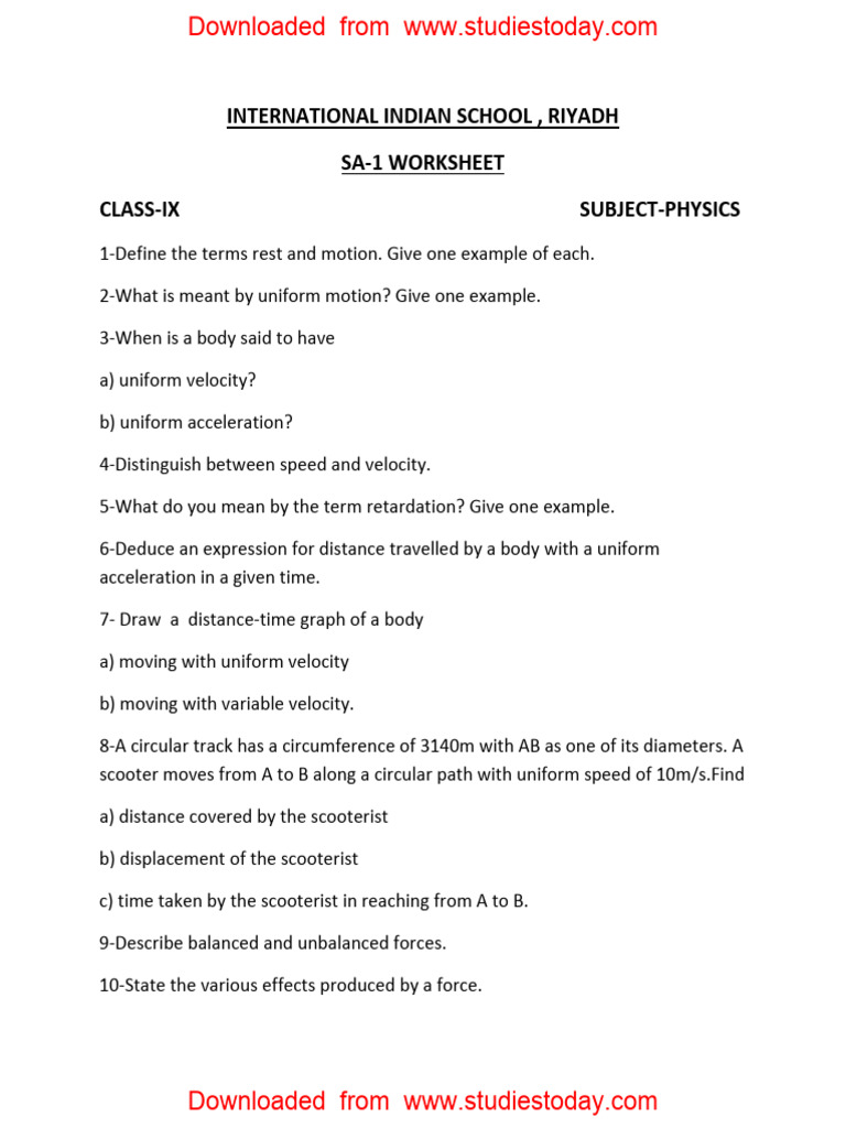 CBSE Class 9 Physics Worksheet - Revision | PDF