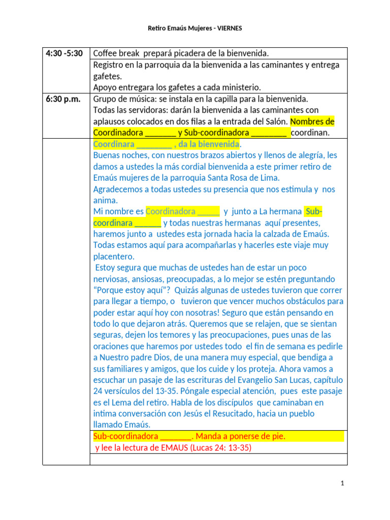 Esquema Retiro Viernes Emaus Mujeres | PDF | Oración | Bendición
