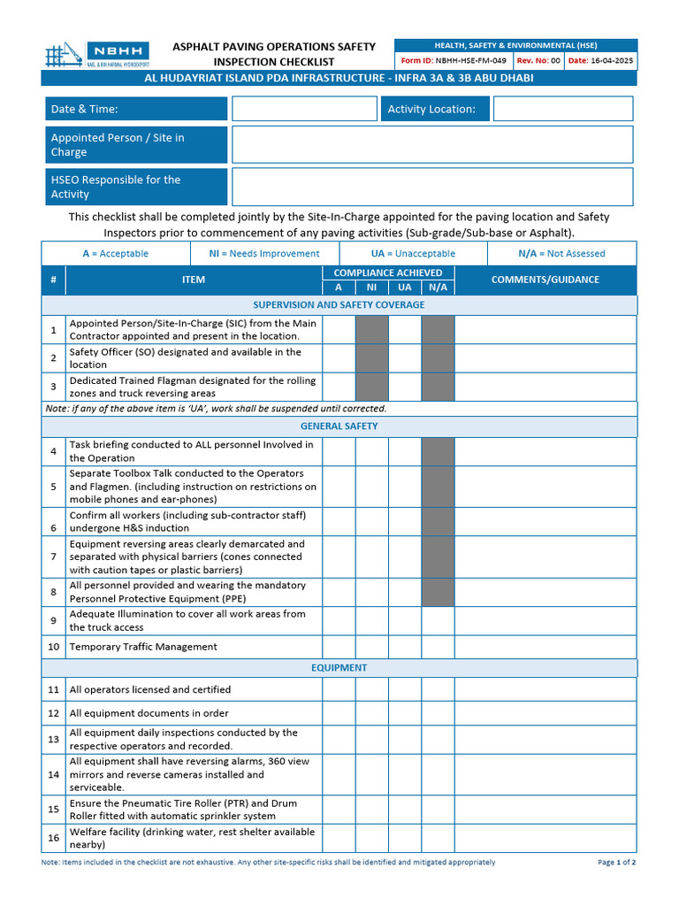 NBHH-HSE-FM-049 Rev 00 - Asphalt Paving Safety Inspection Checklist ...