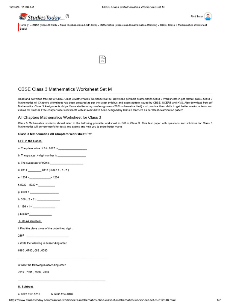 CBSE Class 3 Mathematics Worksheet Set M | PDF | Evaluation Methods ...