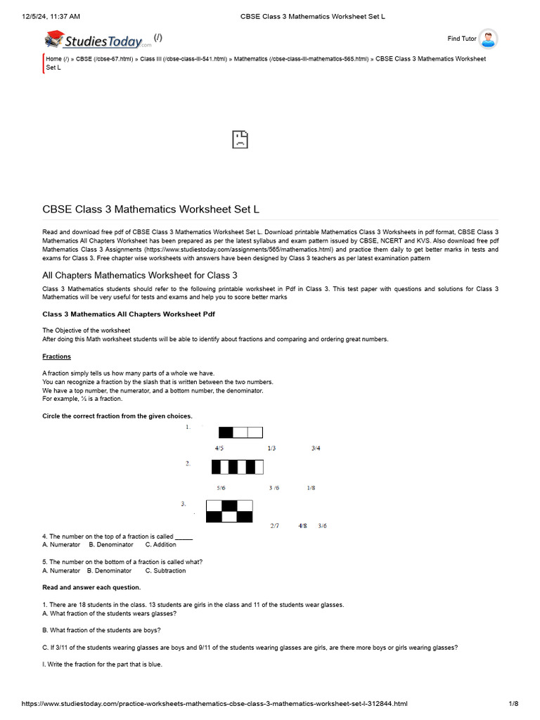 CBSE Class 3 Mathematics Worksheet Set L | PDF