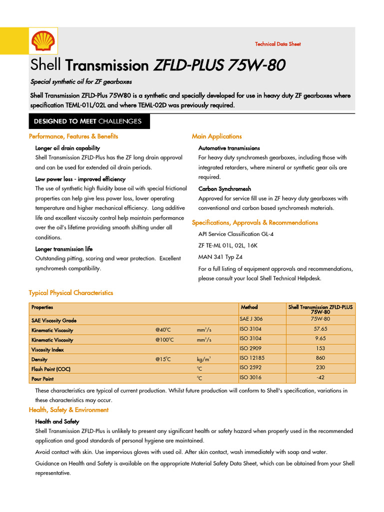 Shell Transmission Zfld Plus 75w 80 Pdb | PDF | Mechanical Engineering
