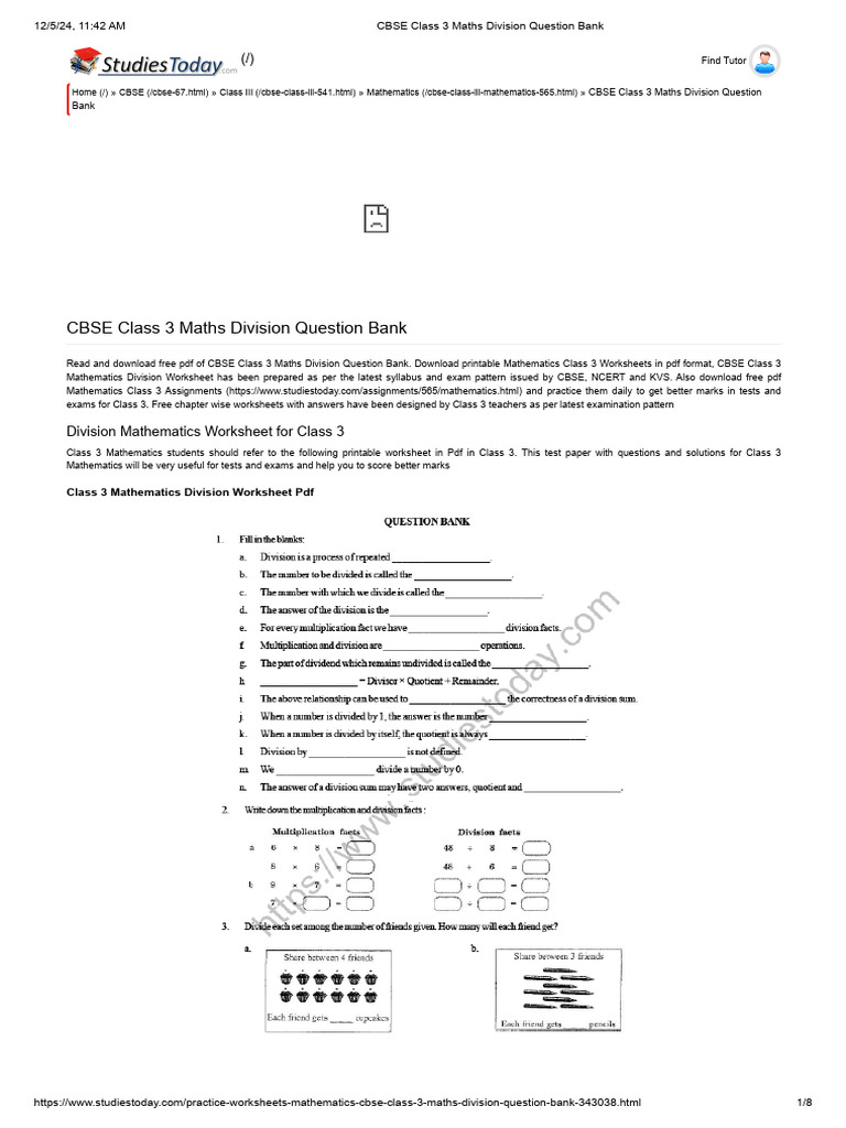 CBSE Class 3 Maths Division Question Bank | PDF | Multiple Choice ...