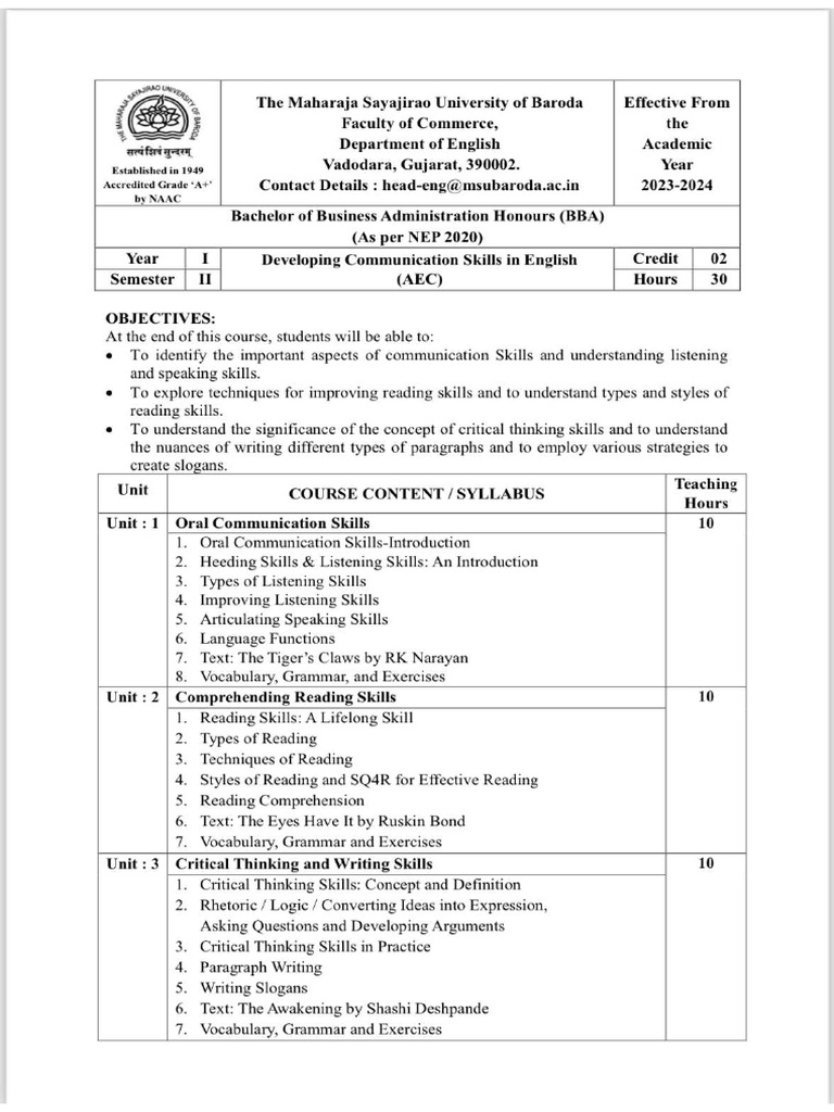 FYBBA-II - English Syllabus 2 | PDF