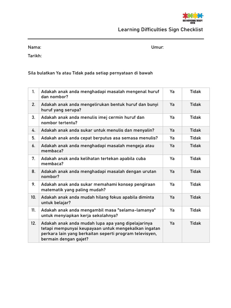 ACADEMIC Learning Difficulties Sign Checklist (Parent) | PDF