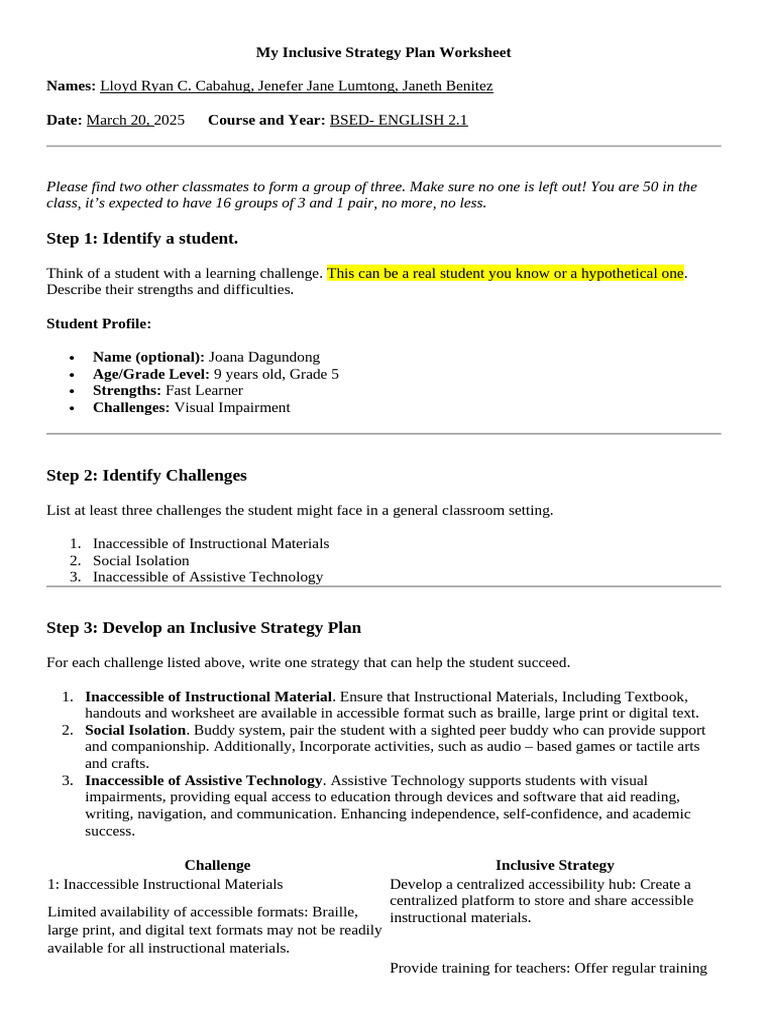 Inclusive Strategy Plan for Visual Impairment | PDF | Visual Impairment ...