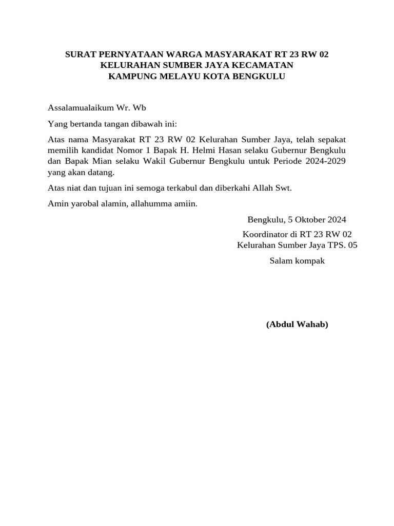Surat Pernyataan Warga Masyarakat RT 23 RW 02 Kelurahan Sumber Jaya Kecamatan Kampung Melayu ...