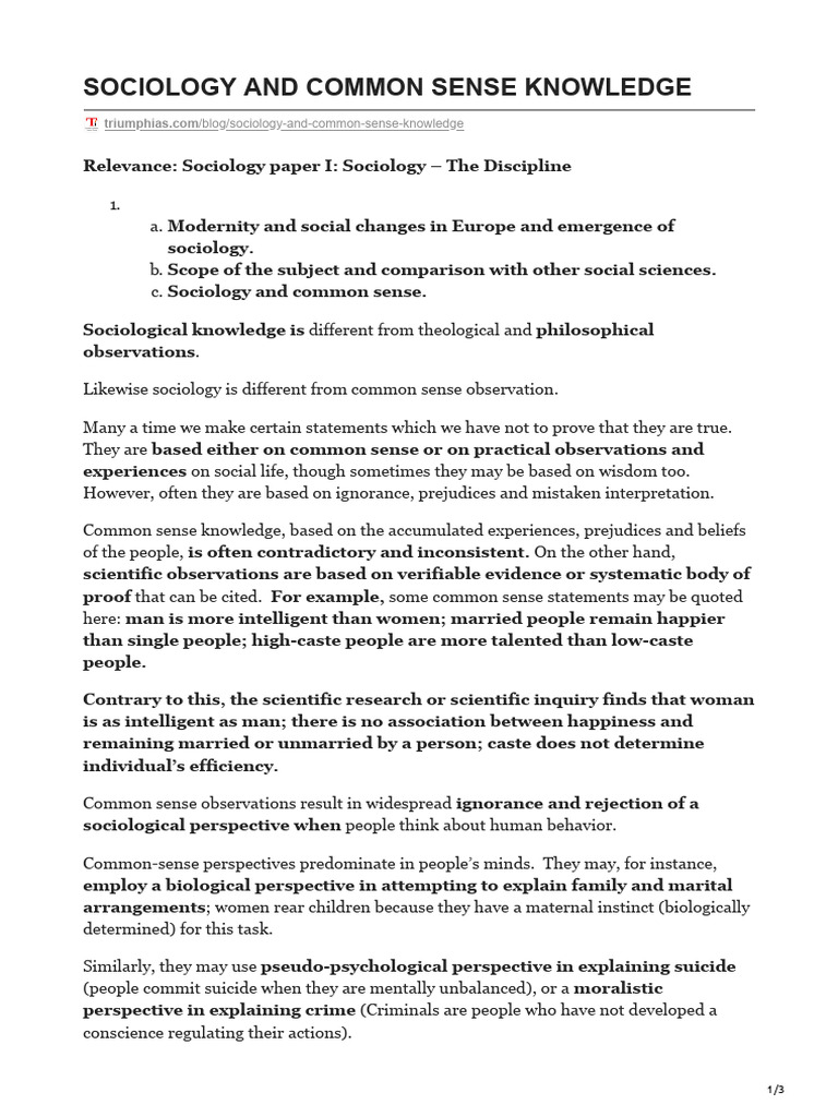 Sociology and Common Sense Knowledge | PDF | Sociology | Knowledge