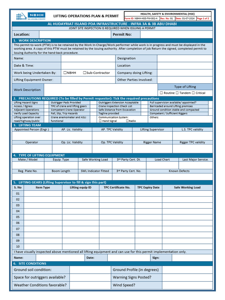 NBHH-HSE-FM-002 Rev 01 - LIFTING PERMIT | PDF | Crane (Machine)