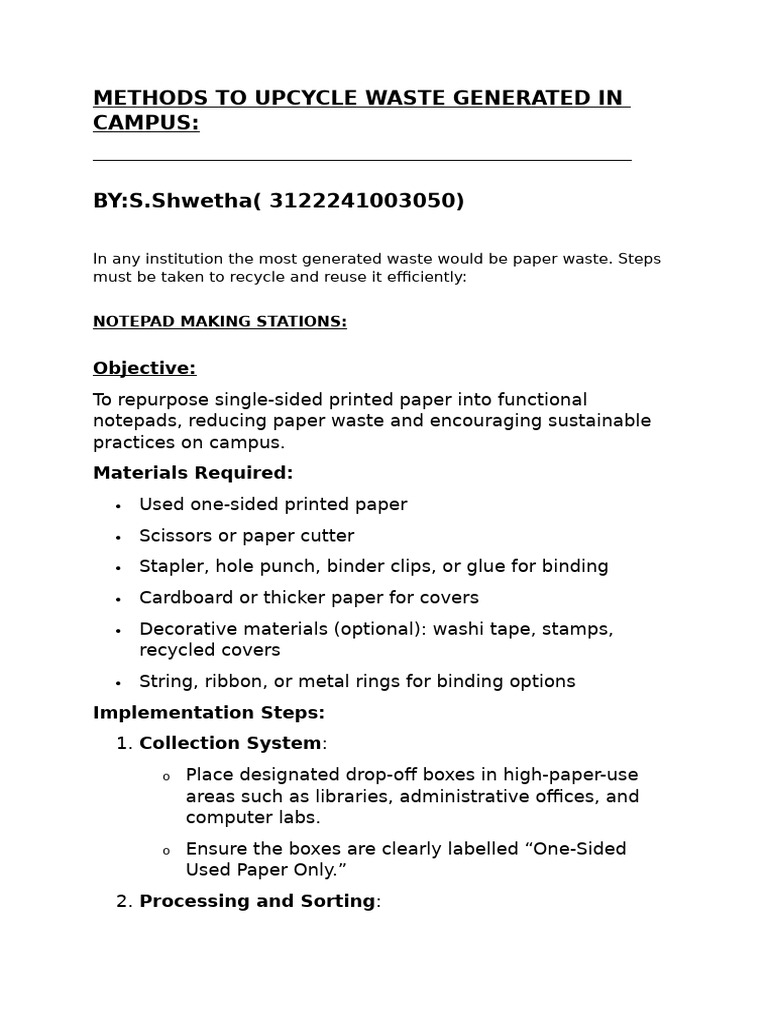 METHODS TO UPCYCLE WASTE GENERATED IN CAMPUS | PDF | Notebook | Recycling