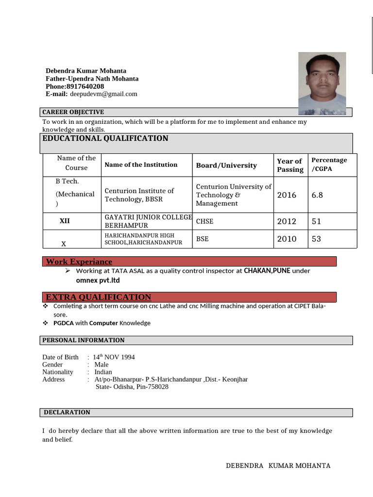 Debendra Kumar Mohanta Resume | PDF