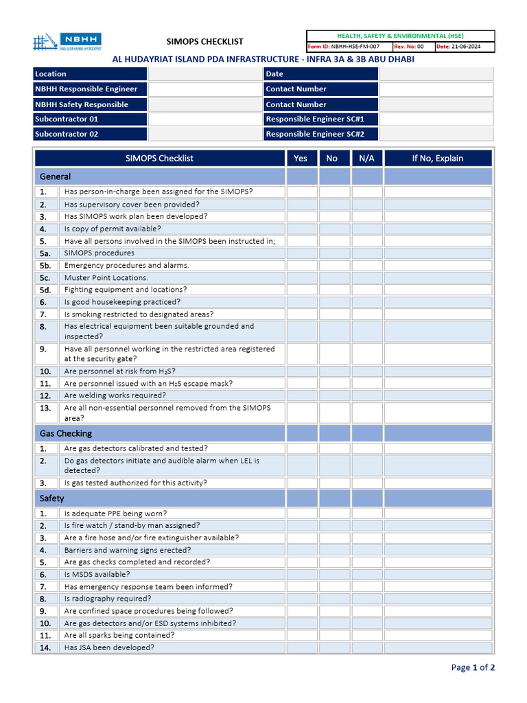 Nbhh-Hse-Fm-007 Simops Checklist | PDF | Occupational Safety And Health ...