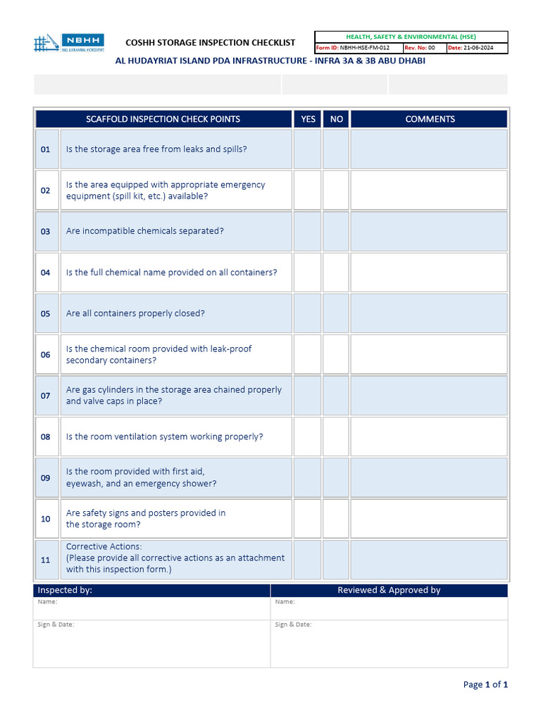 COSHH Storage Inspection Checklist | PDF