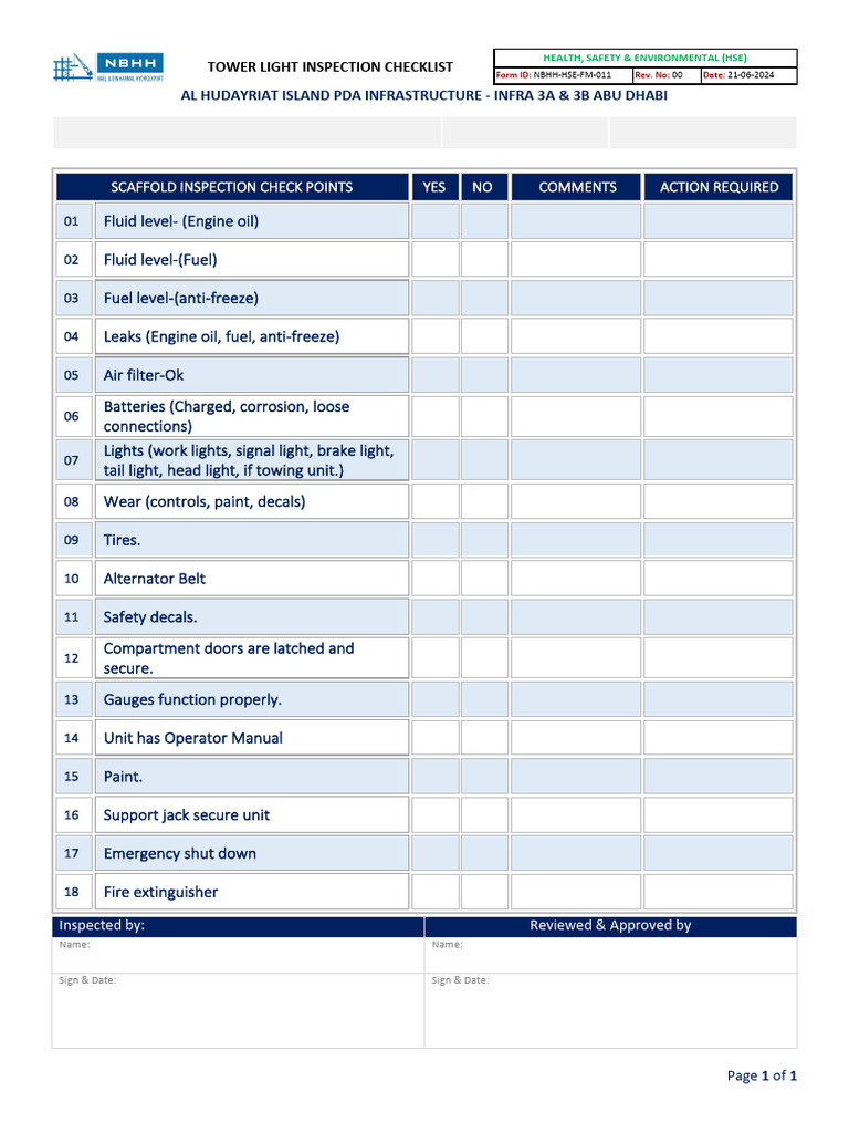 Nbhh-Hse-Fm-011 Tower Light Inspection Checklist | PDF