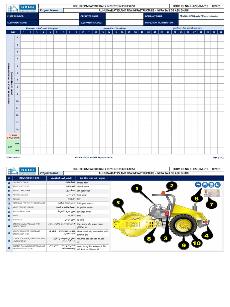Nbhh-Hse-Fm-013 Rev 01 Roller Compactor Daily Inspection Checklist | PDF