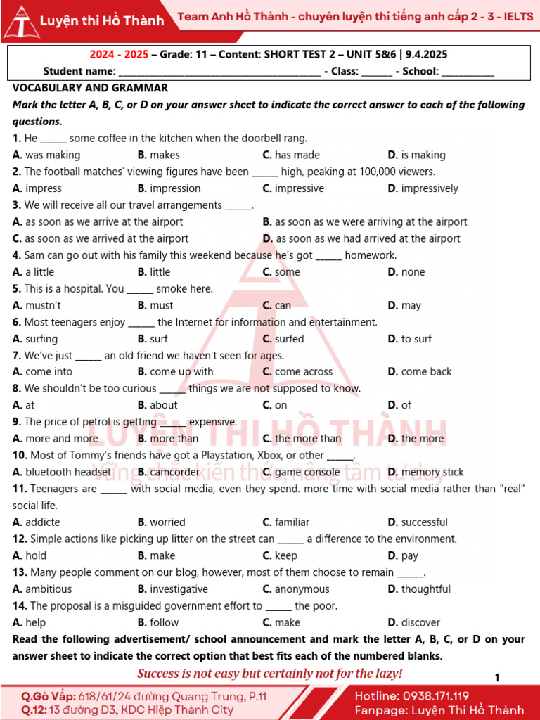 Grade 11 English Unit 5 Test 2024-2025 | PDF | Linguistics