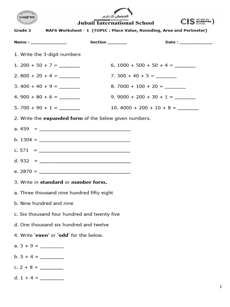 Grade 3 NAFS Worksheet - 1 | PDF | Area | Geometry