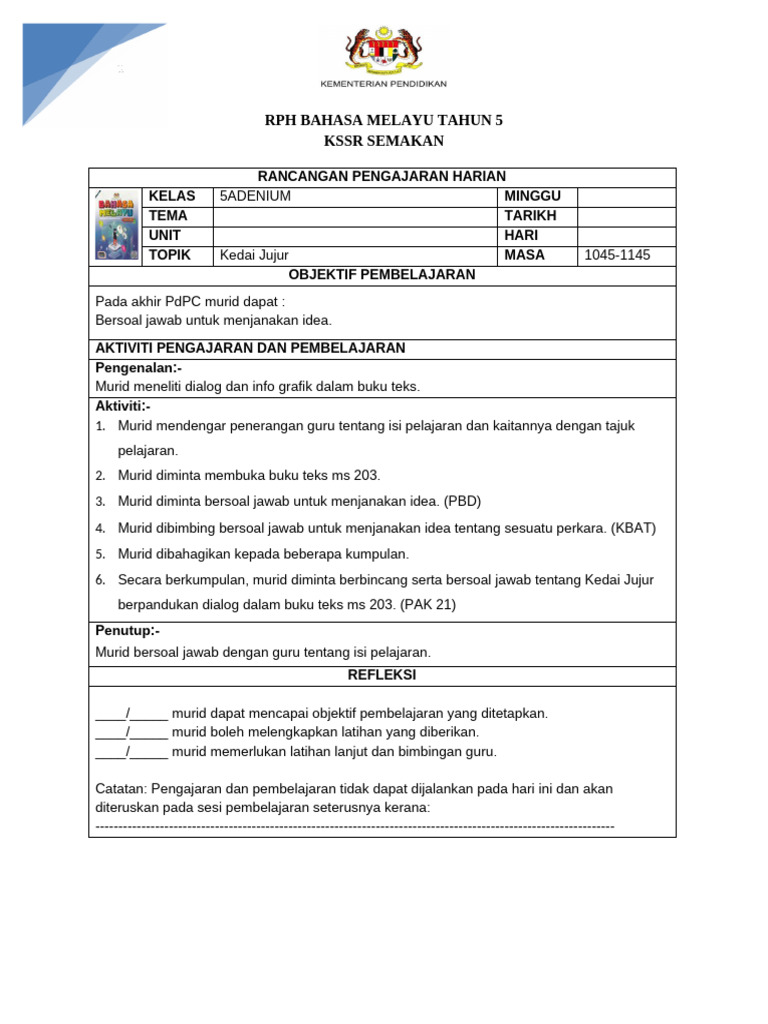 RPH BAHASA MELAYU TAHUN 5 | PDF