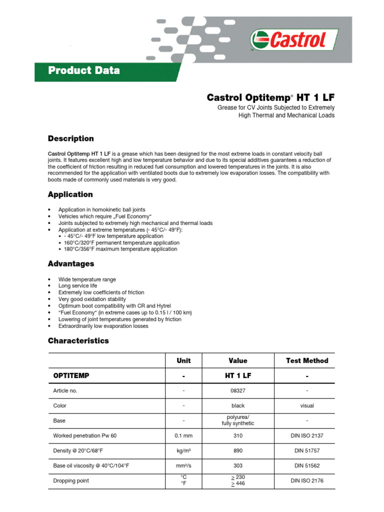 Castrol - Optitemp HT 1 LF (USA English) | PDF | Fuel Economy In ...
